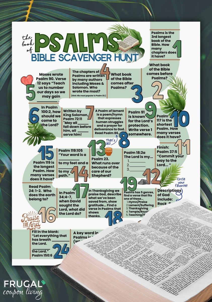 Psalms Bible Scavenger Hunt Printable - Bible Trivia Game Board ...