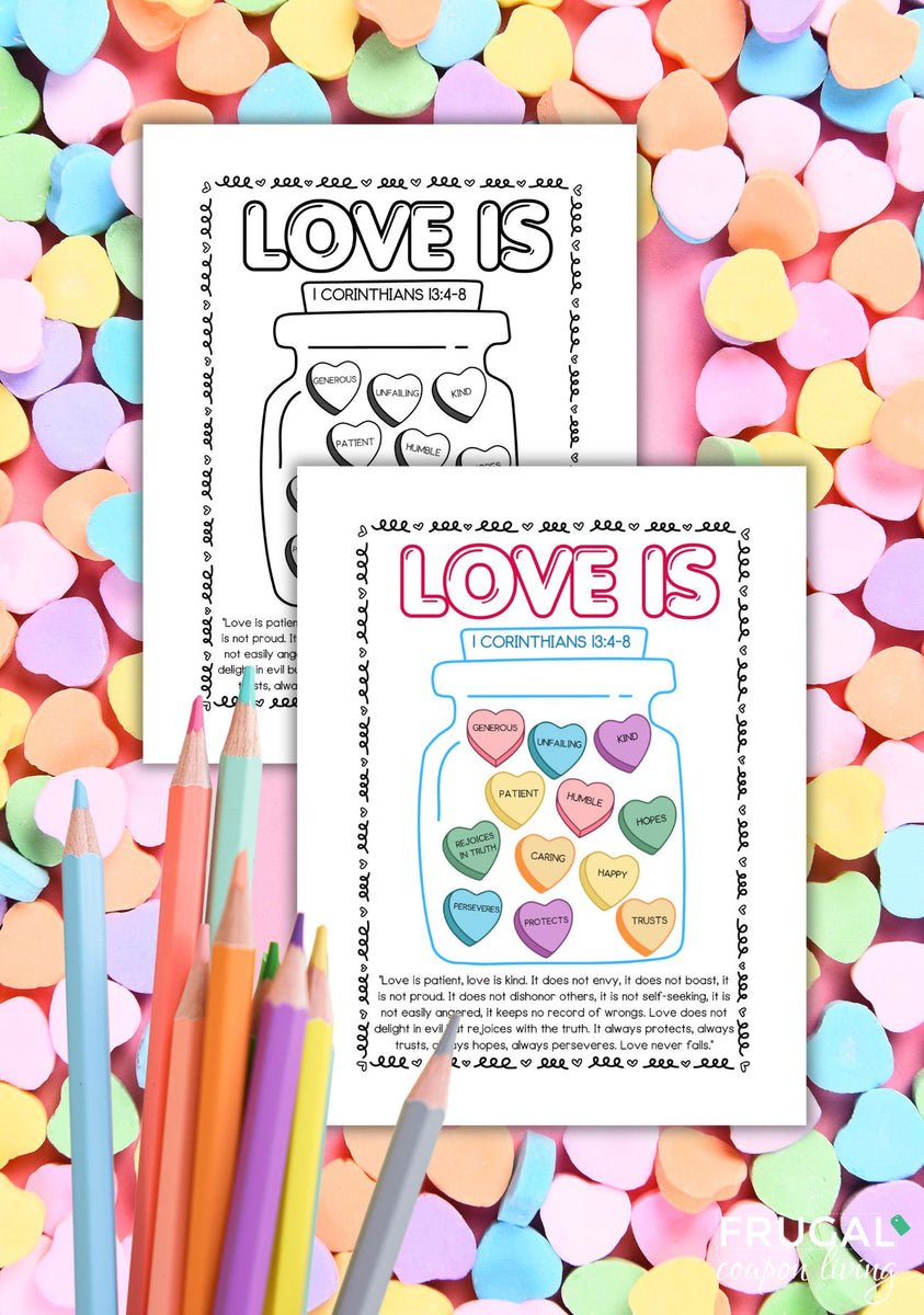 Candy Hearts Love Is Church Valentine Coloring Page Printable – Frugal ...