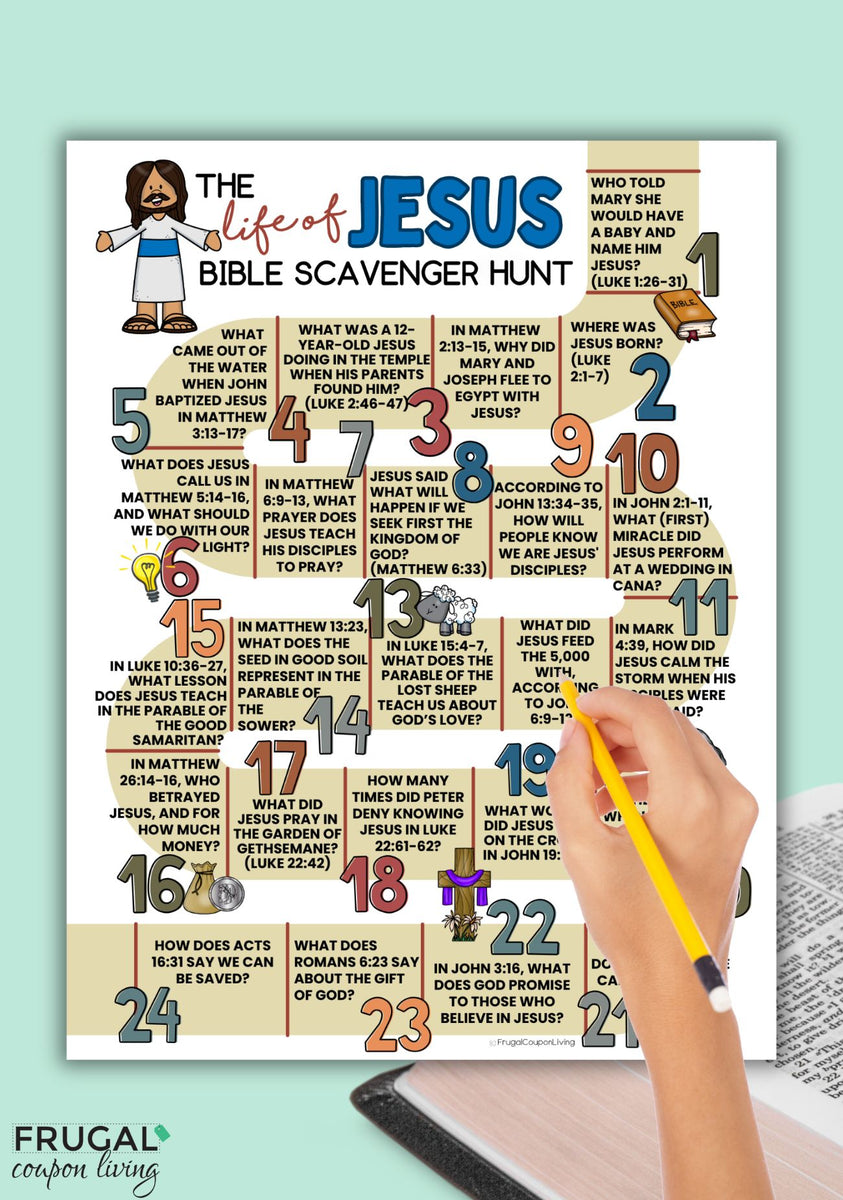 Life of Jesus Bible Scavenger Hunt Printable - Bible Trivia Game Board ...